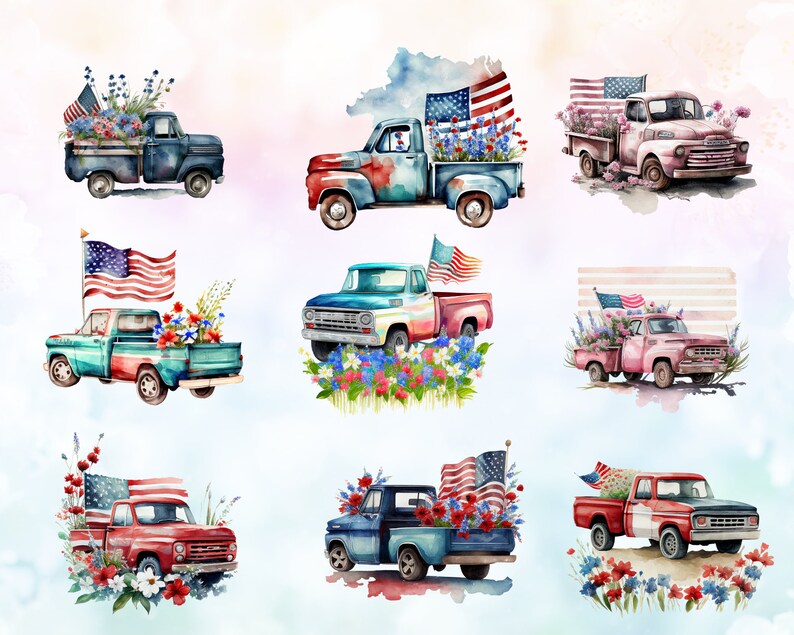 Watercolor Patriotic Truck Clipart Bundle, 4th of July Watercolor ...