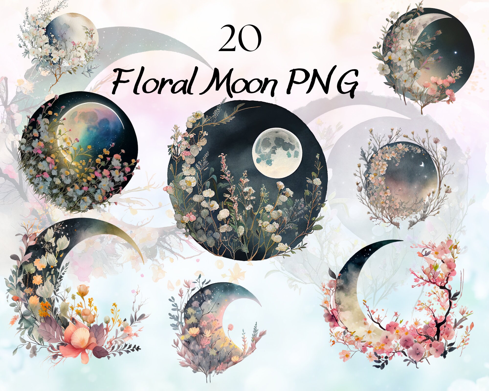 Watercolor Floral Moons Clipart Bundle, Floral Crescent Moons PNG ...