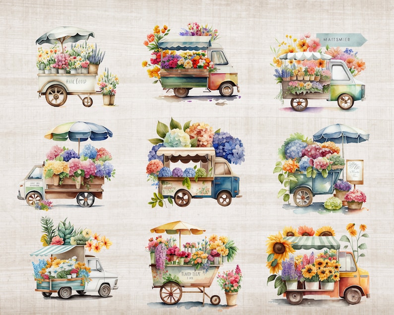 20 Watercolor Flower Carts Clipart Bundle, Spring Florist Cart ...