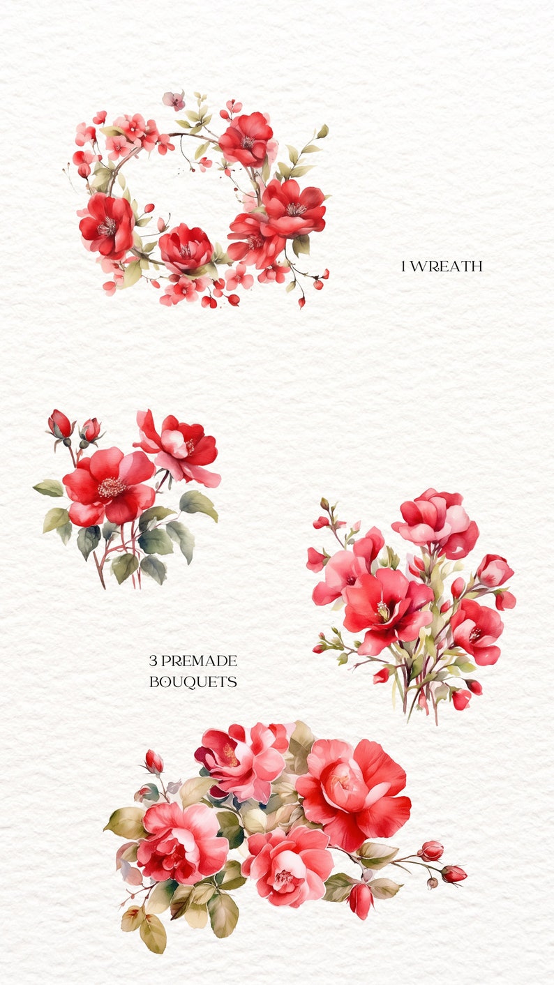 Watercolor Red Roses Clipart, Red Flower Clipart, Red Rose Florals, Red ...