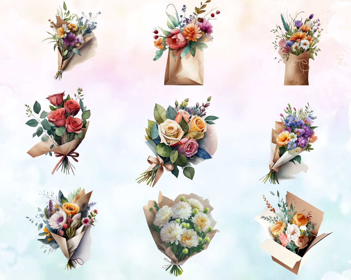 Watercolor Bouquet of Flowers Clipart Bundle, Watercolor Bridal Bouquet ...