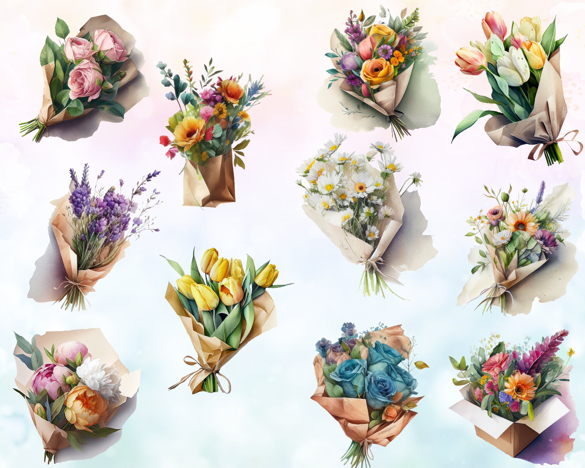 Watercolor Bouquet of Flowers Clipart Bundle, Watercolor Bridal Bouquet ...