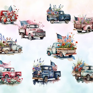 Watercolor Patriotic Truck Clipart Bundle, 4th of July Watercolor ...