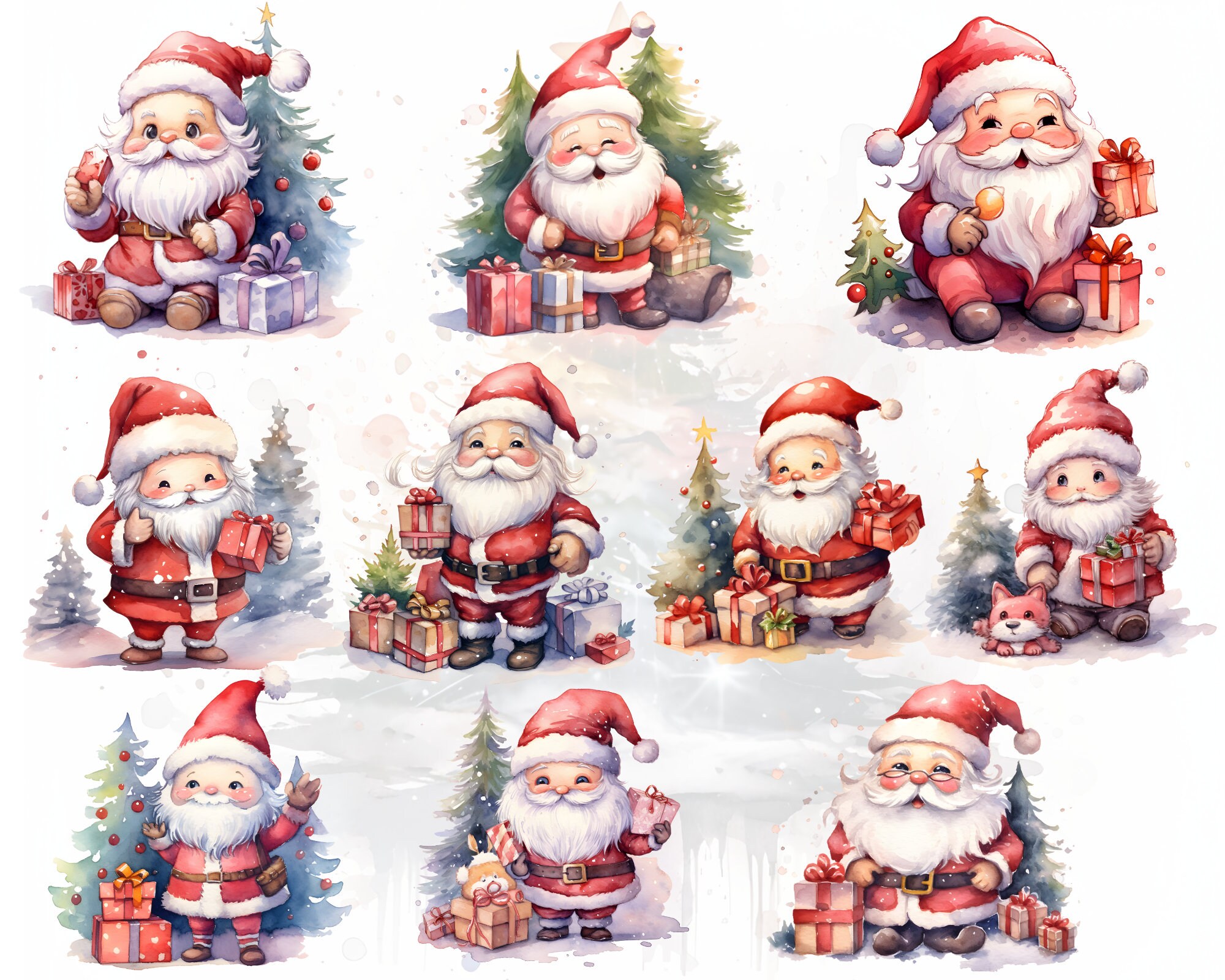 Watercolor Cute Santa Clipart, Christmas Clipart, Santa Claus Art ...