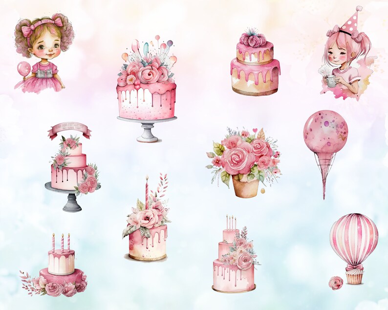 Watercolor Birthday Clipart Party Cake Cupcake Candlesparty - Etsy