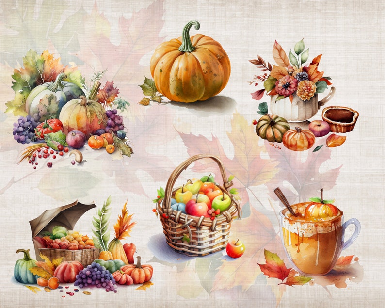 Watercolor Autumn Elements Clipart, Cozy Fall Clipart Set, Watercolor ...