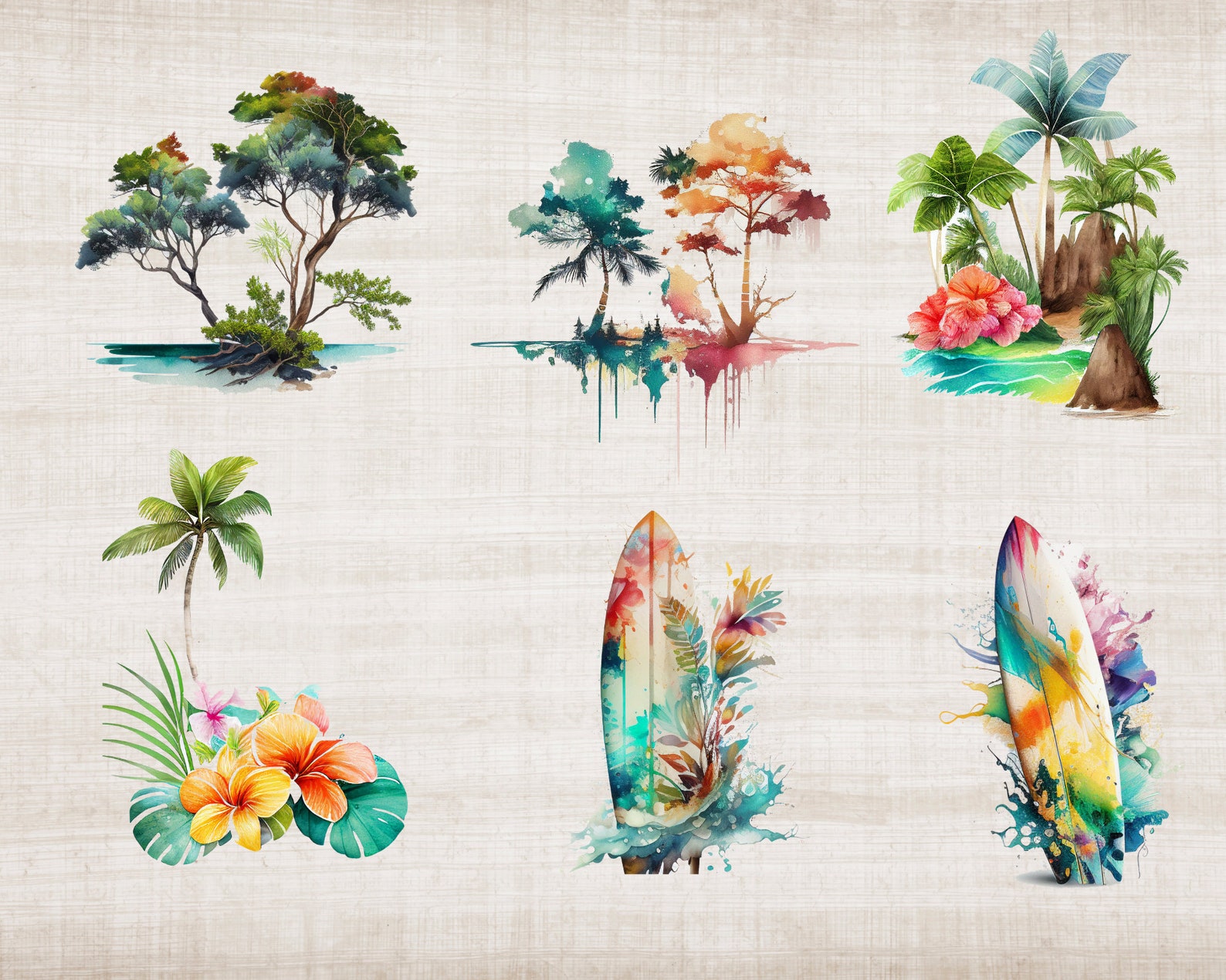 Watercolor Hawaii Clipart, Summer Vacation, Aloha Hawaii Watercolor Set ...