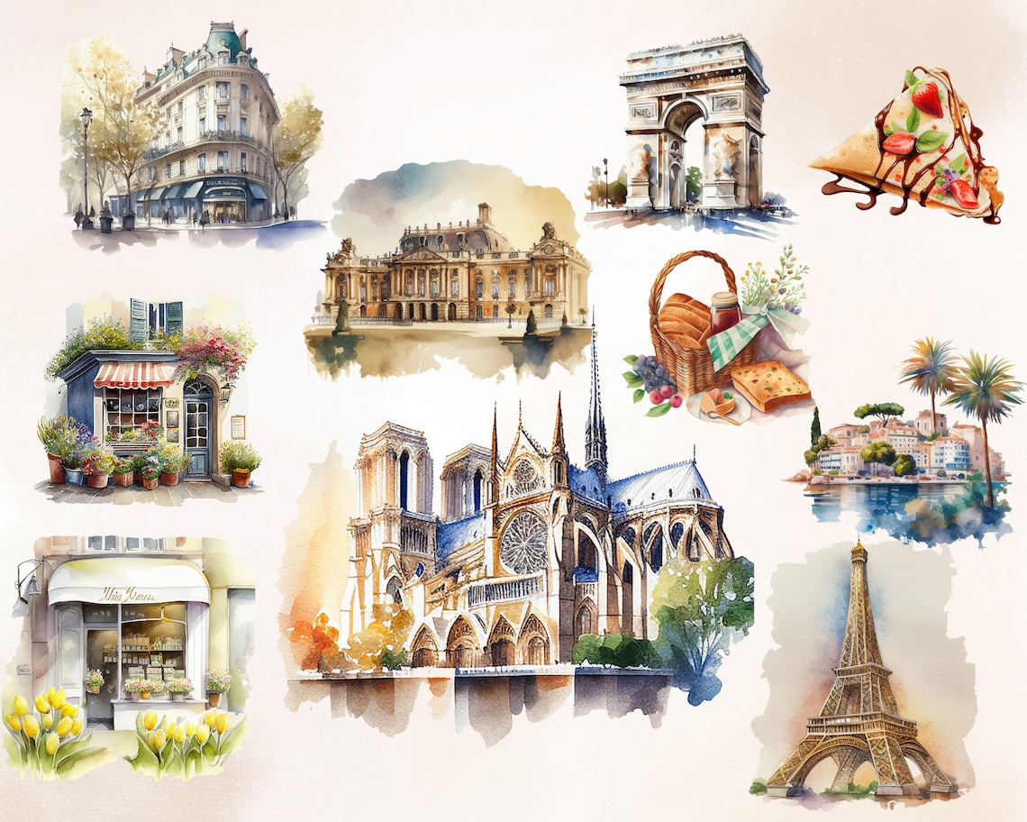 Watercolor Paris Clipart Bundle France PNG France Travel - Etsy