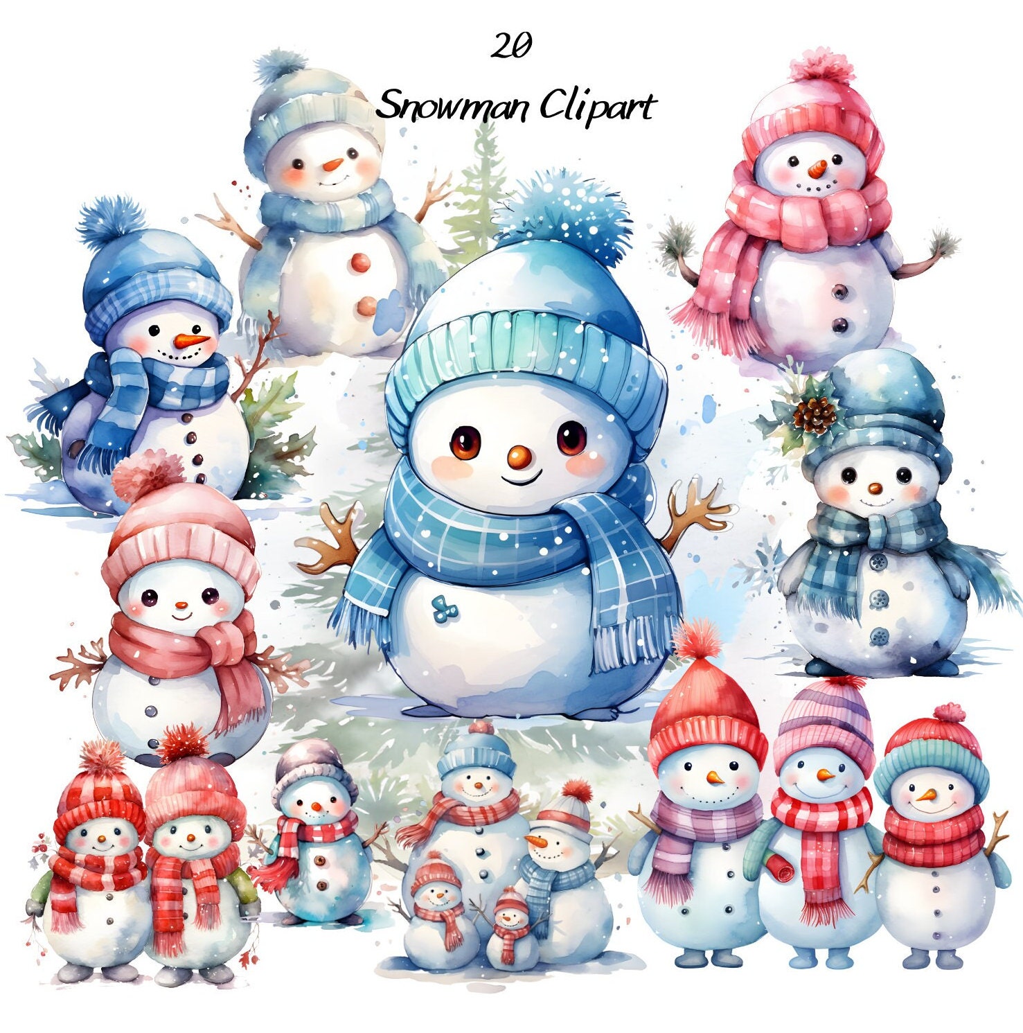Watercolor Cute Snowman Clipart, Christmas Bundle, Xmas Snowman Couple ...