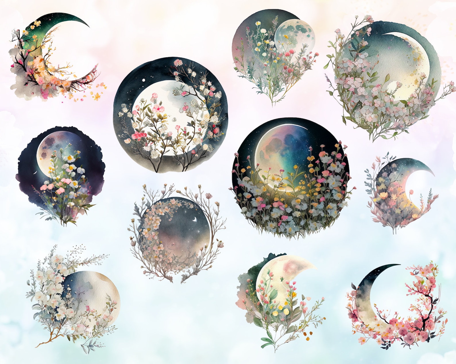 Watercolor Floral Moons Clipart Bundle, Floral Crescent Moons PNG ...