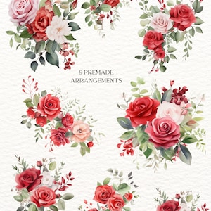 Watercolor Red and Blush Flowers Clipart Red Floral Clipart Red Flowers ...