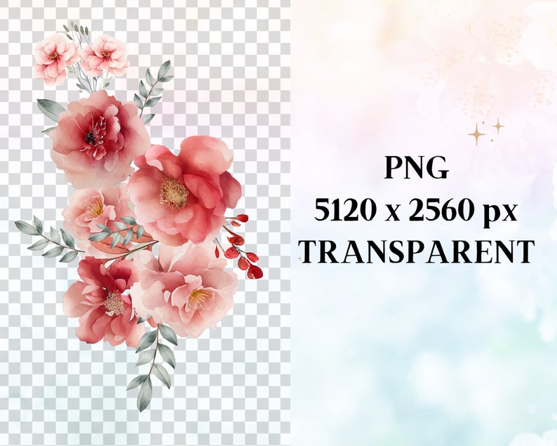 Watercolor Red and Blush Flowers Clipart, Red Floral Clipart, Red ...