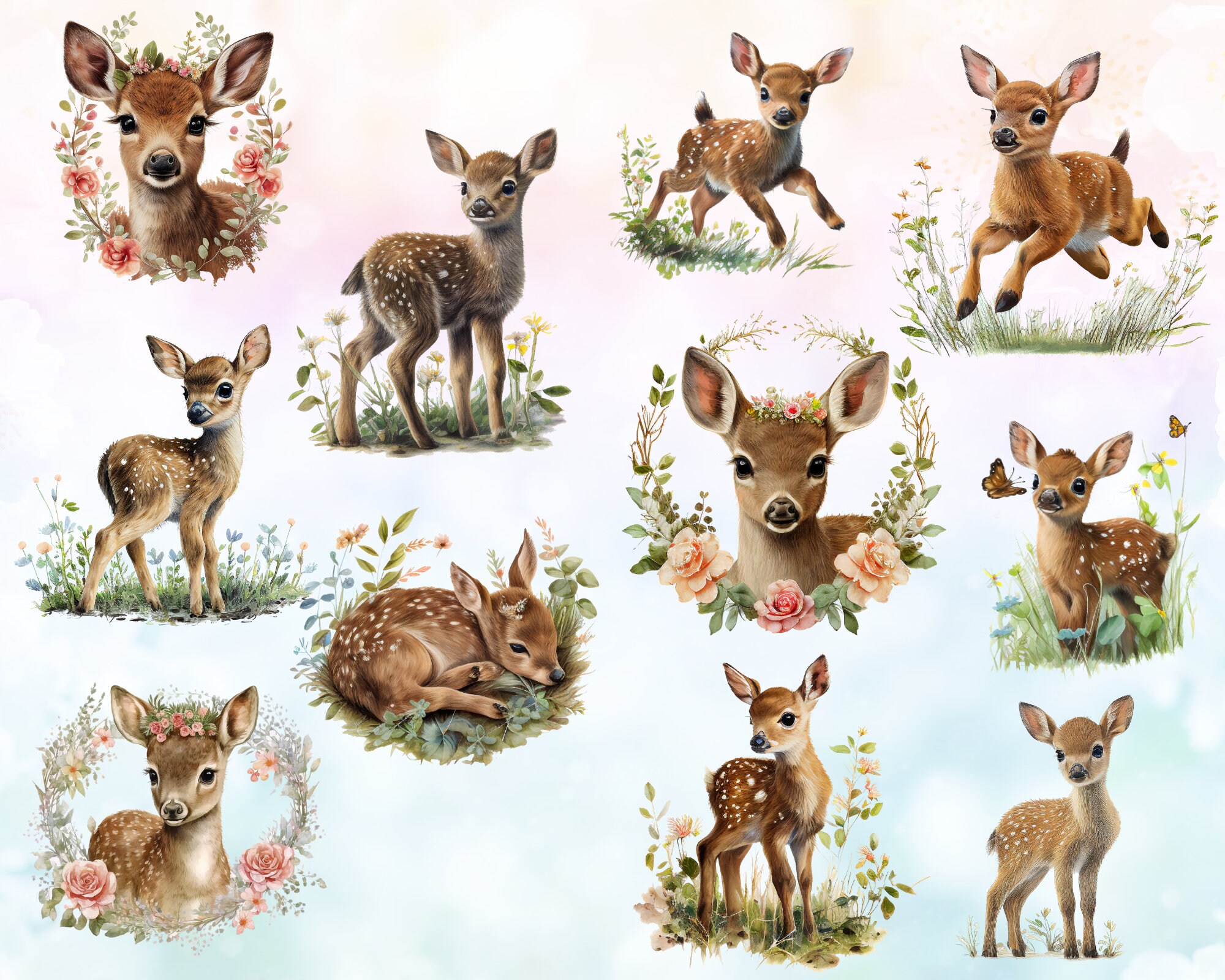 Watercolor Kawaii Fawn Clipart Bundle Commercial Use, Cute Deer ...