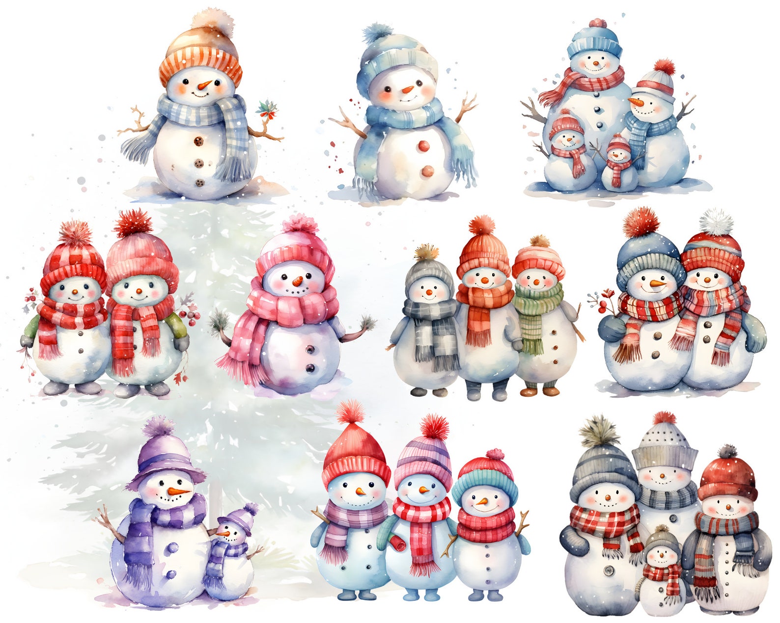Watercolor Cute Snowman Clipart, Christmas Bundle, Xmas Snowman Couple ...