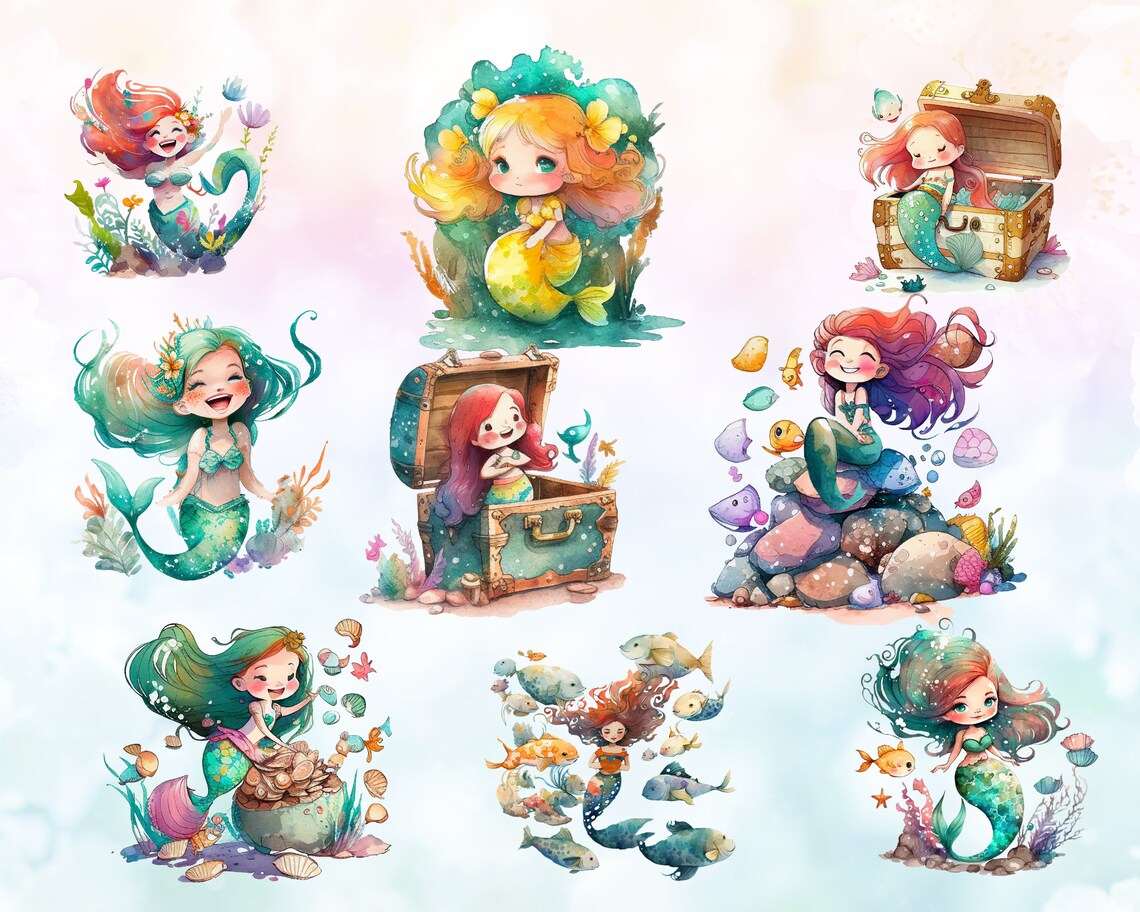 Watercolor Little Mermaid PNG Mermaid Tail Clipart Cute - Etsy Canada