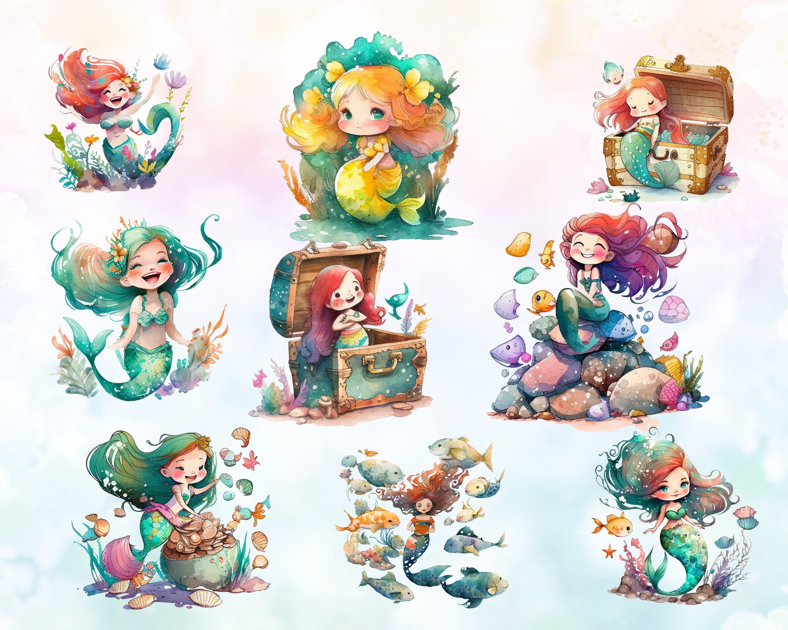 Watercolor Little Mermaid PNG, Mermaid Tail Clipart, Cute Mermaids ...