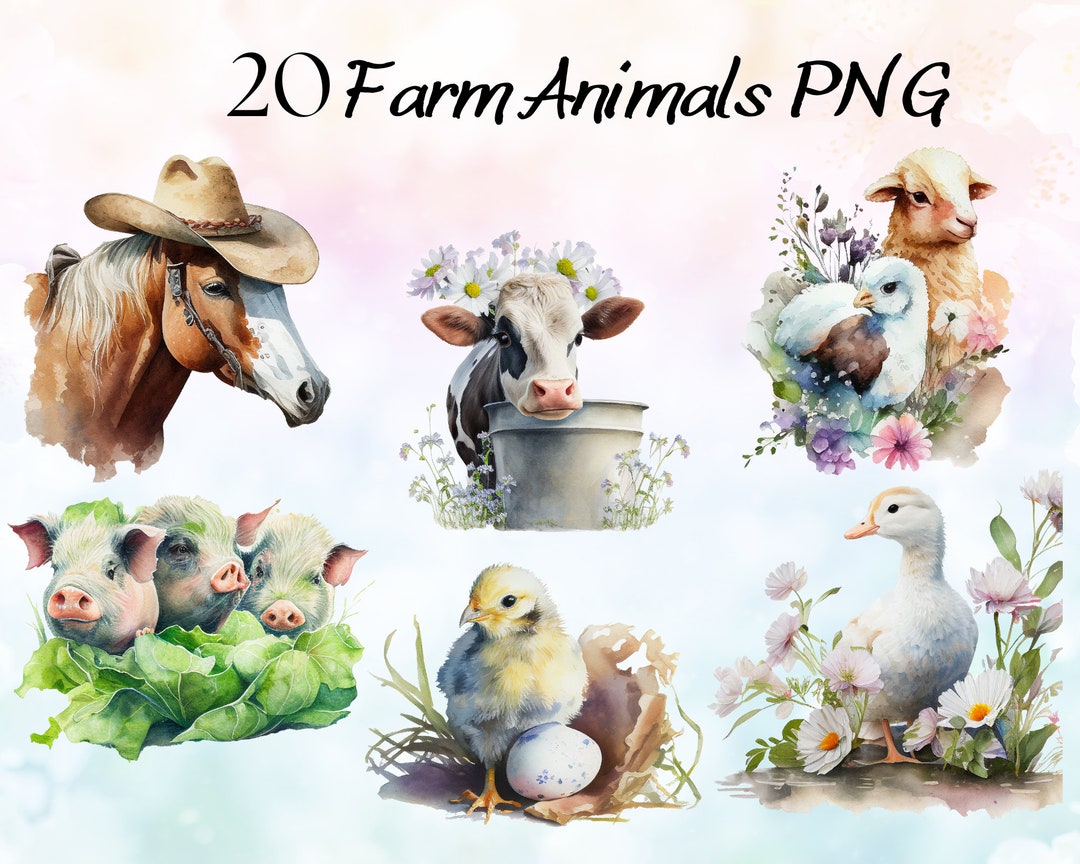 Watercolor Farm Animal Clipart Bundle, Flower Cows PNG, Baby Animals ...