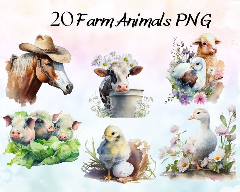 Watercolor Farm Animal Clipart Bundle, Flower Cows PNG, Baby Animals ...
