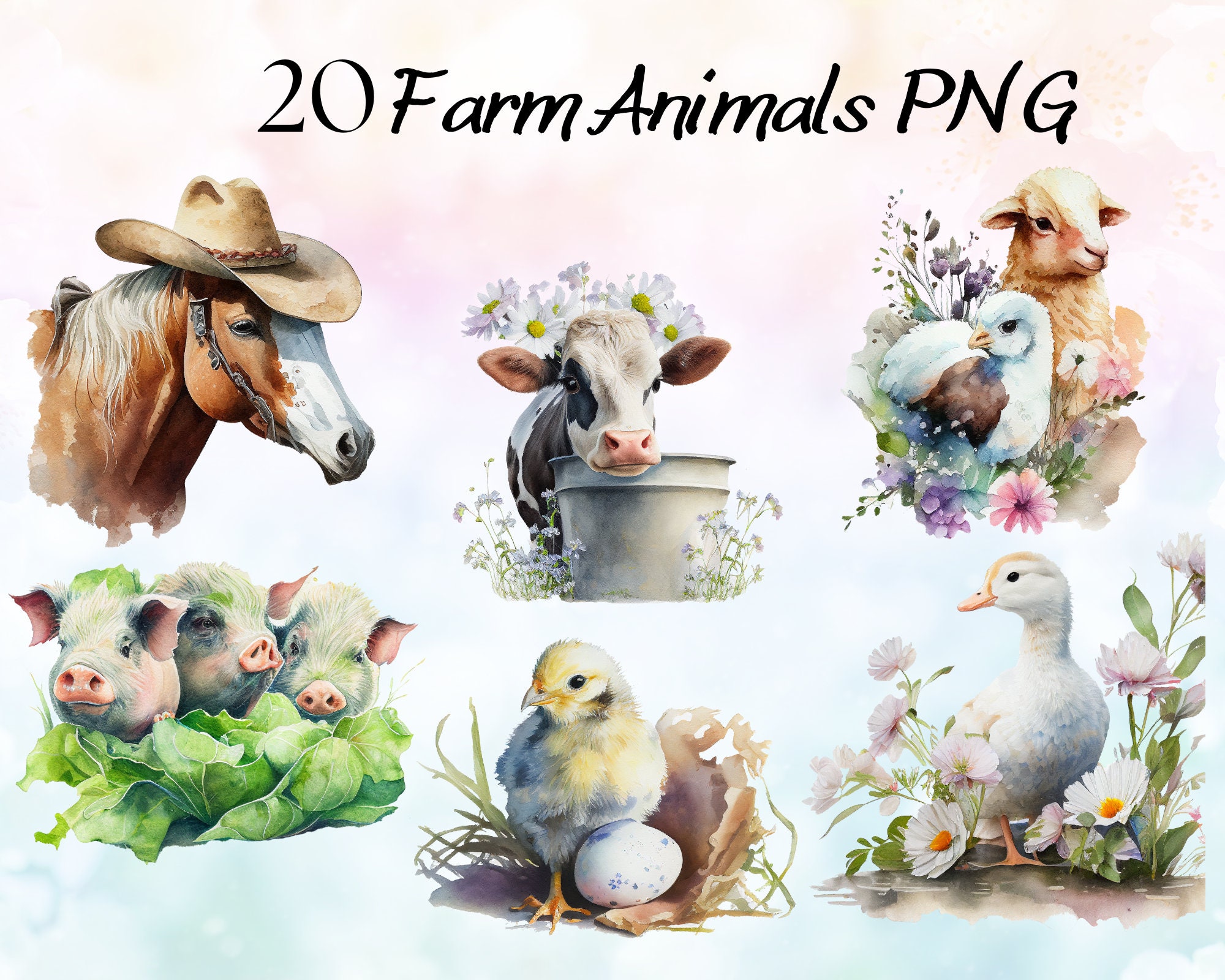 Watercolor Farm Animal Clipart Bundle, Flower Cows PNG, Baby Animals ...