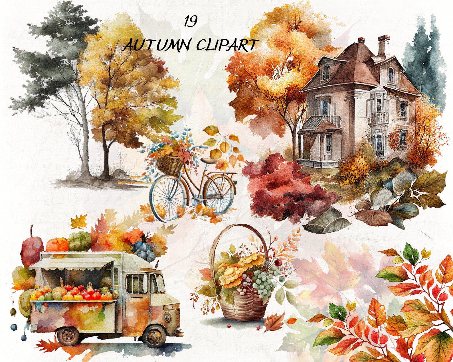 Watercolor Autumn Elements Clipart, Cozy Fall Clipart Set, Watercolor ...