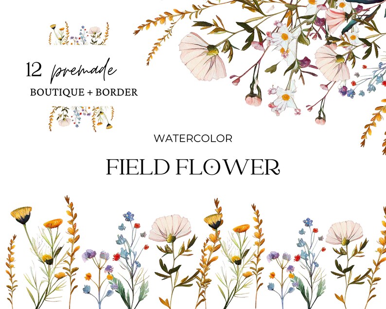 Watercolor Field Flowers Clipart Wild Floral Clipart Meadow - Etsy
