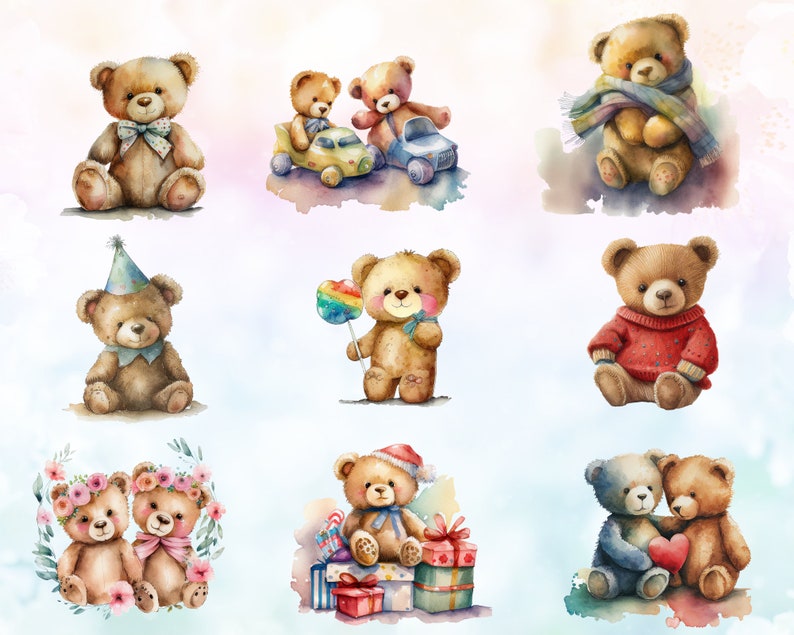 Watercolor Teddy Bear Clip Art Bundle Teddy Bear PNG Teddy - Etsy