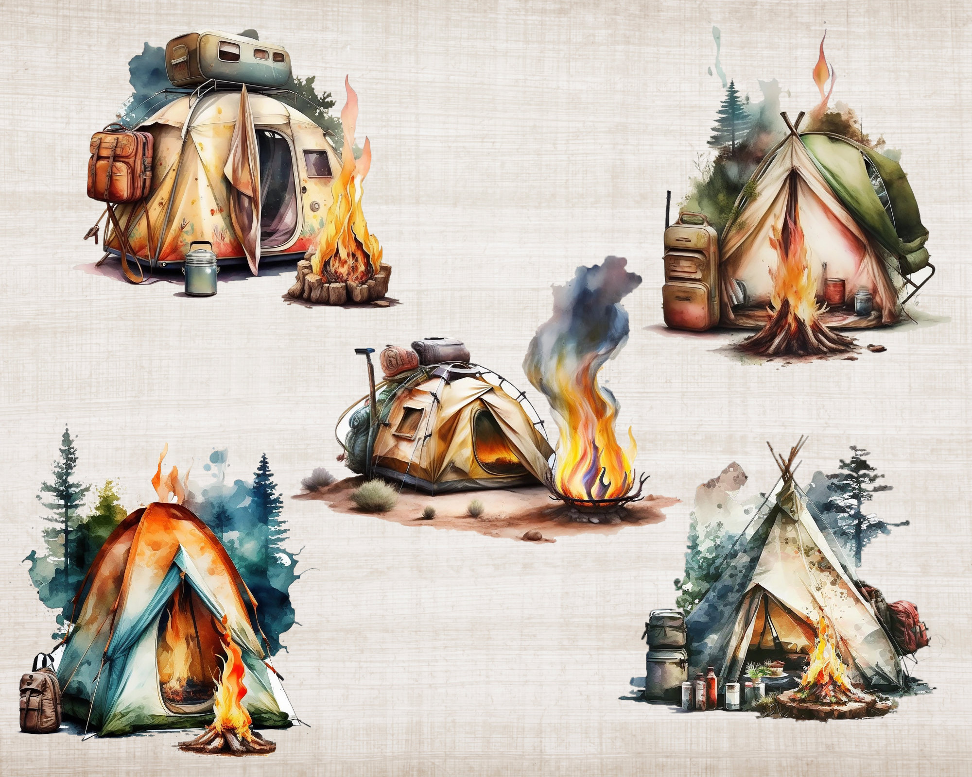 Watercolor Camping Clipart Bundle, Camper Van Clipart, Outdoor Camp PNG ...