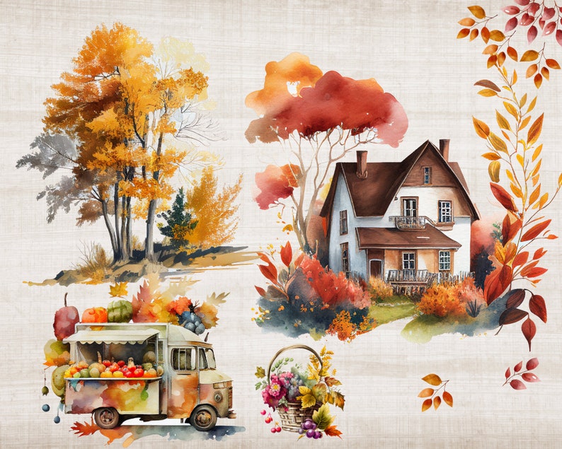 Watercolor Autumn Elements Clipart, Cozy Fall Clipart Set, Watercolor ...