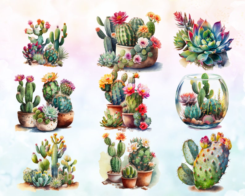 Watercolor Cactus Clipart Bundle, Potted Succulent PNG, Mexican Cactus ...