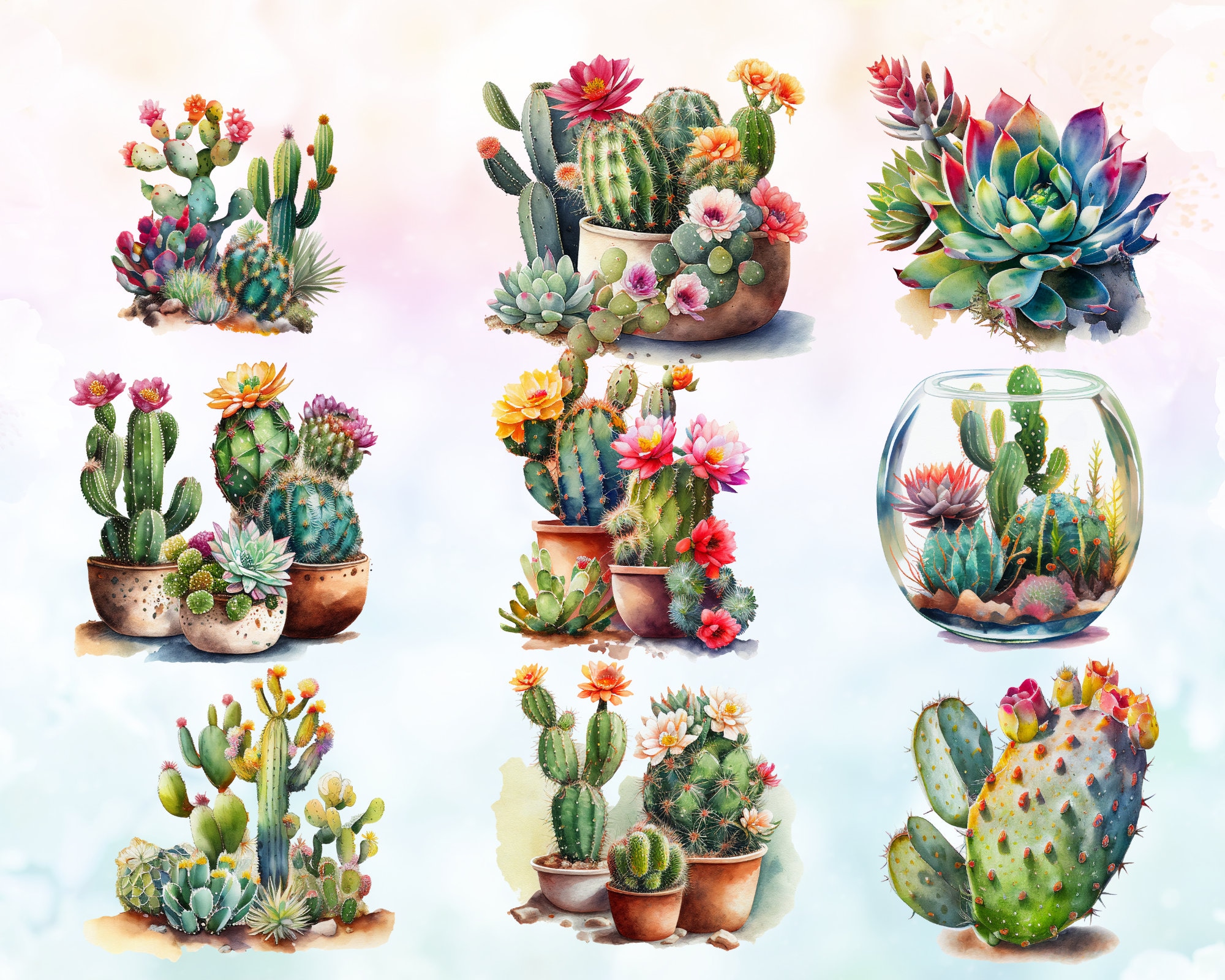 Watercolor Cactus Clipart Bundle Potted Succulent PNG - Etsy