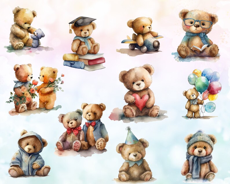 Watercolor Teddy Bear Clip Art Bundle, Teddy Bear PNG, Teddy Bear Baby ...