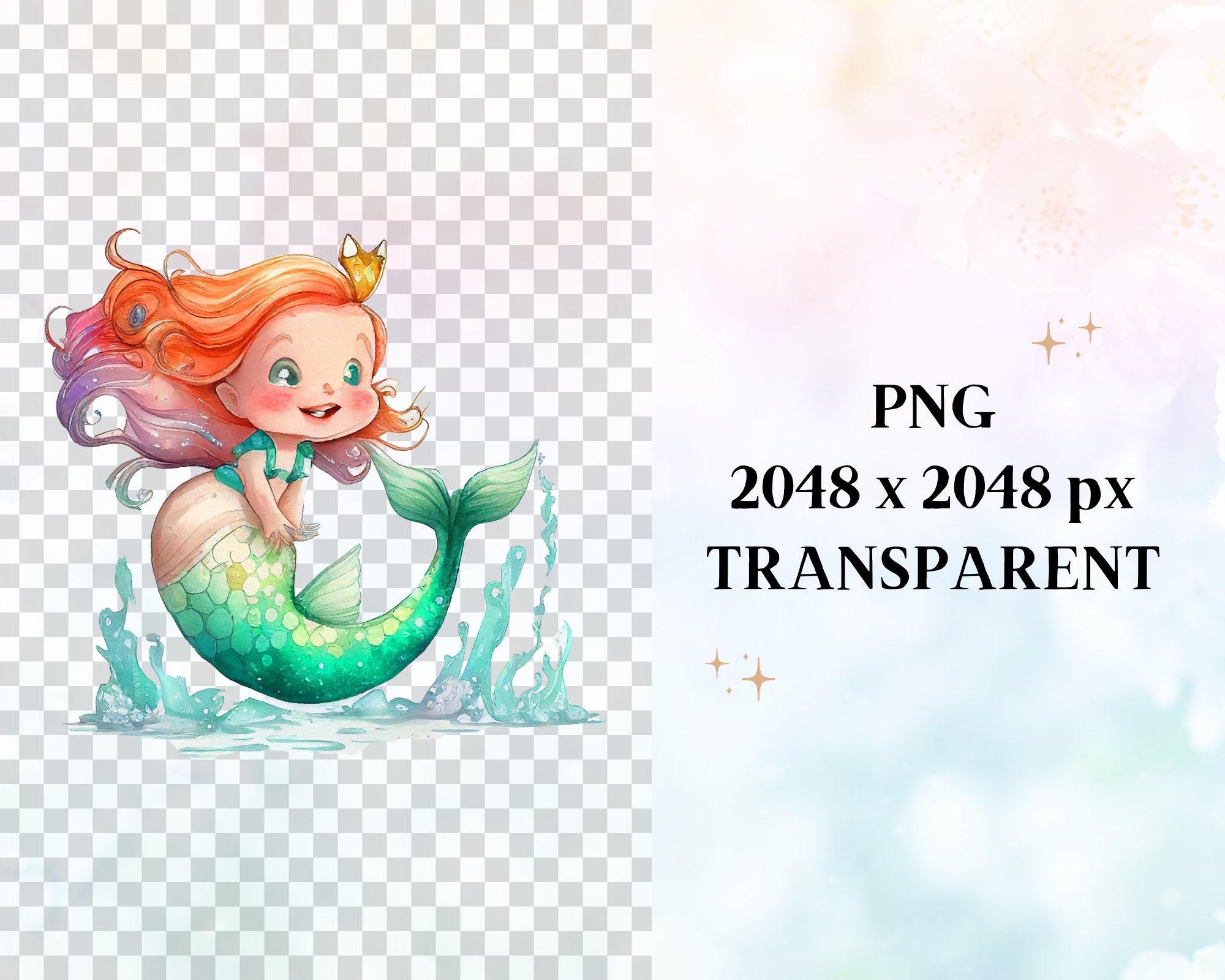 Watercolor Little Mermaid PNG Mermaid Tail Clipart Cute - Etsy