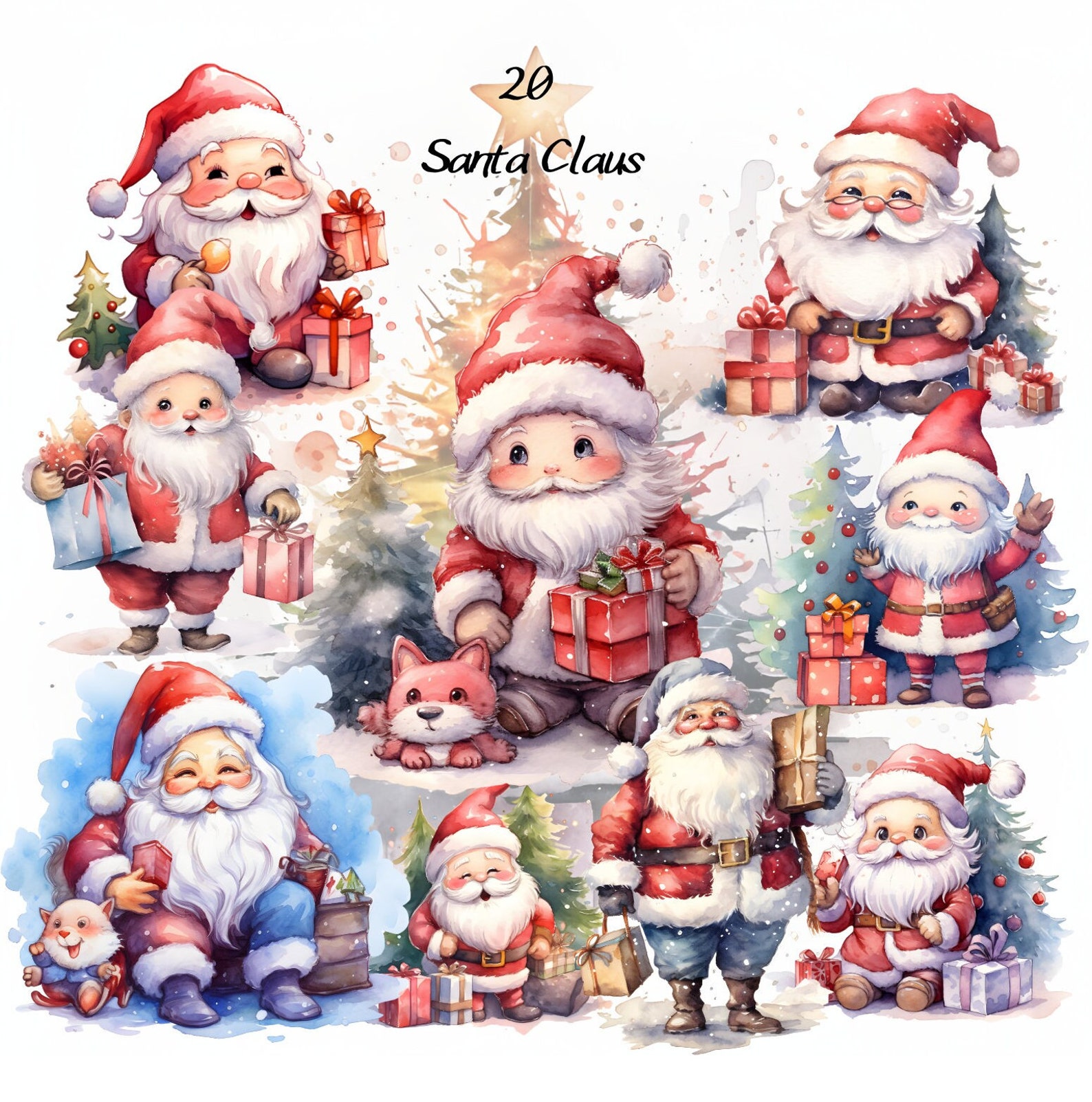 Watercolor Cute Santa Clipart, Christmas Clipart, Santa Claus Art ...