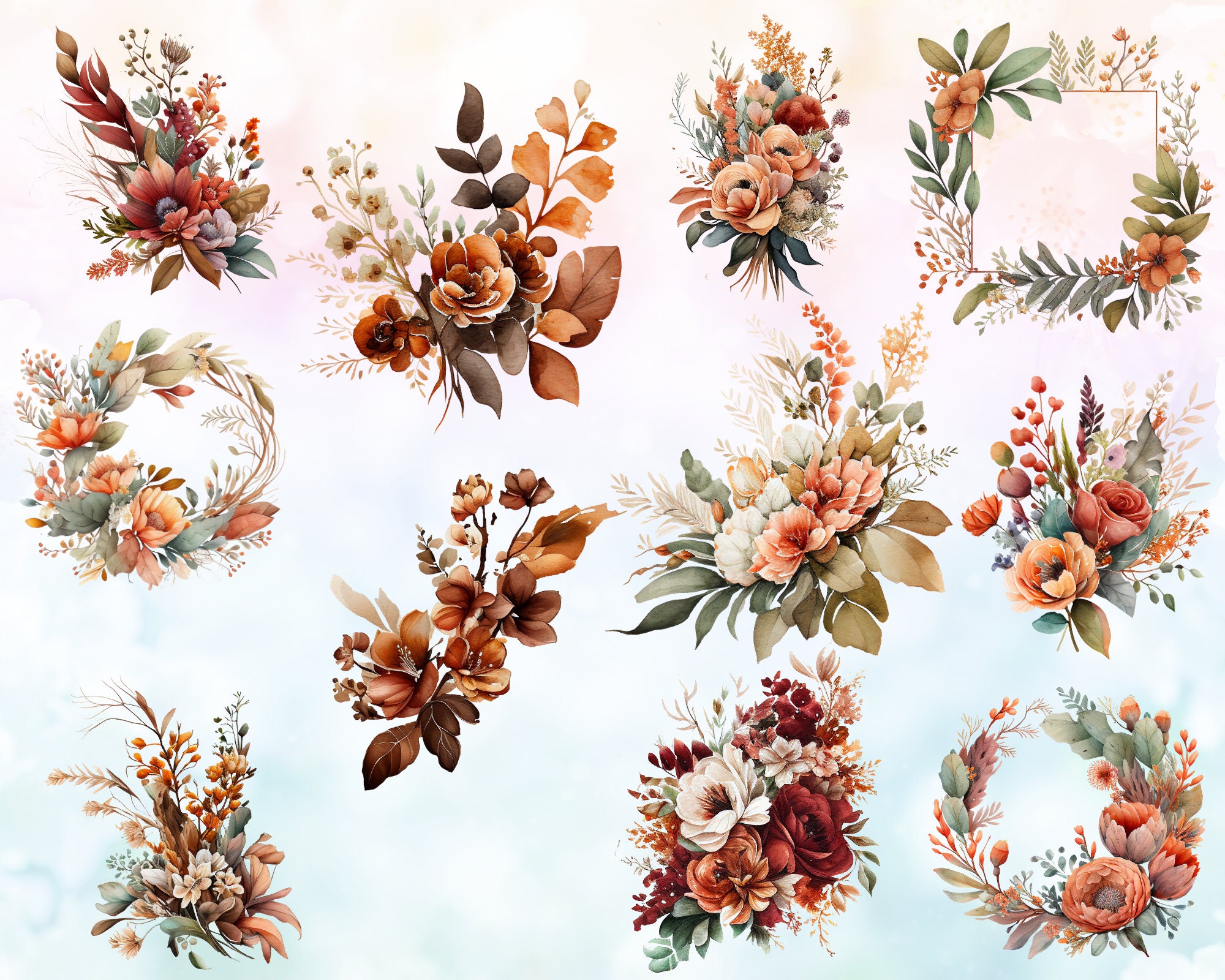 Watercolor Boho Terracotta Floral Pack, Flower Autumn Clipart, Boho ...