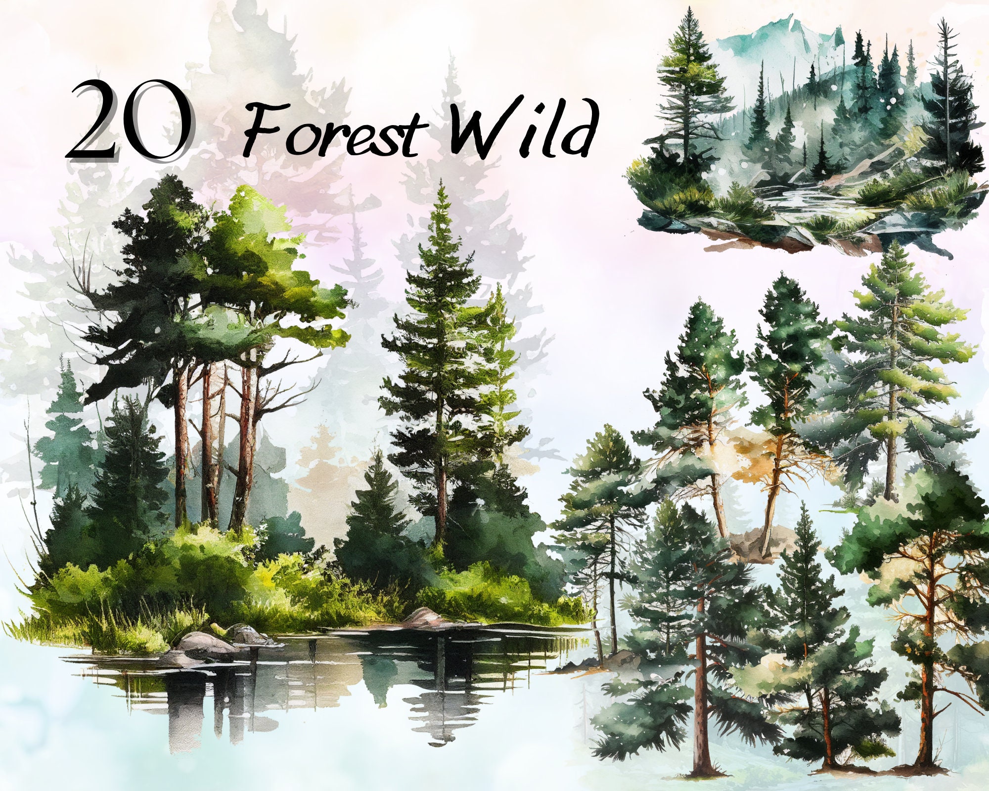 Forest Clipart, Watercolor Forest Landscapes, Forest Pine Tree Greenery ...