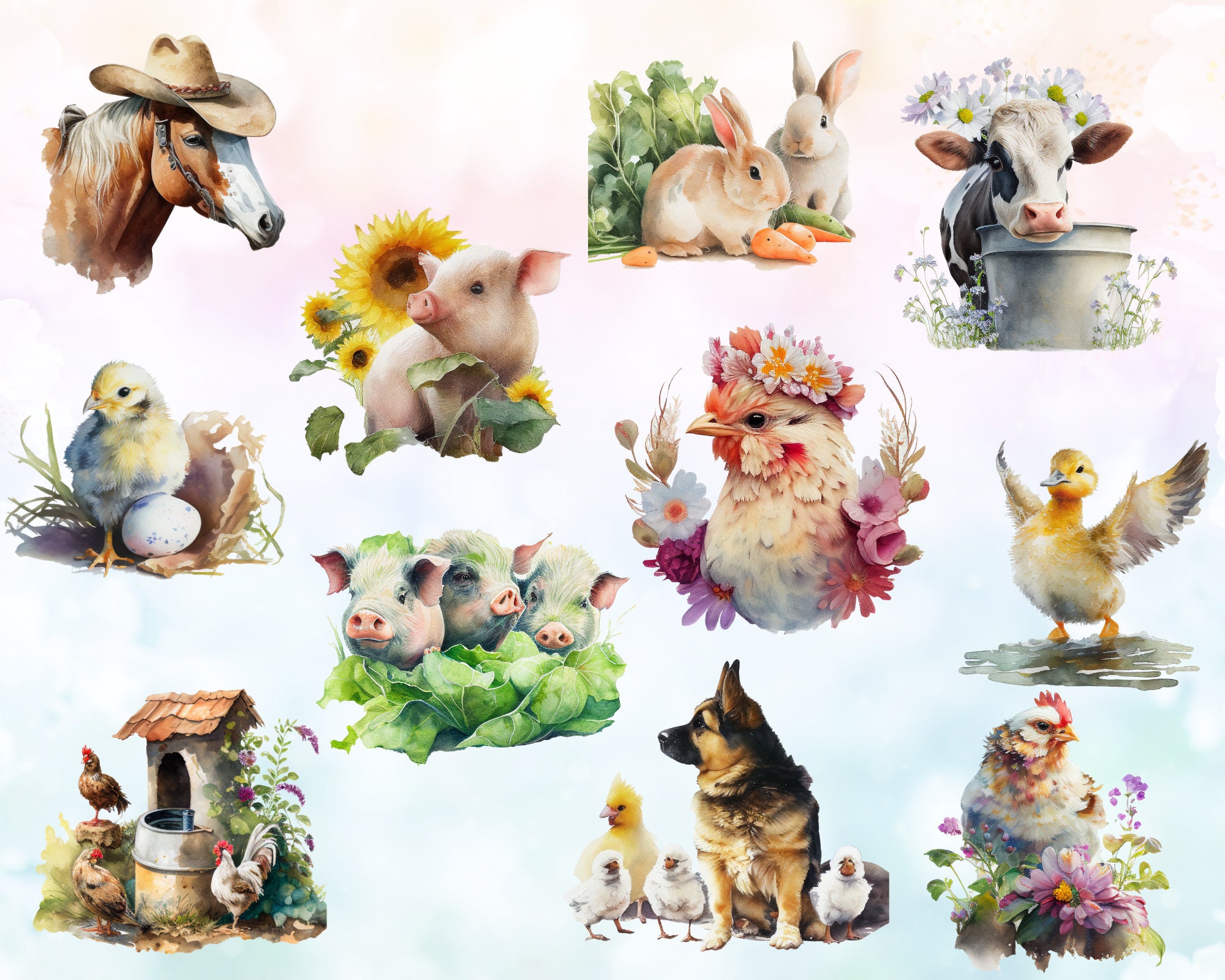 Watercolor Farm Animal Clipart Bundle, Flower Cows PNG, Baby Animals ...