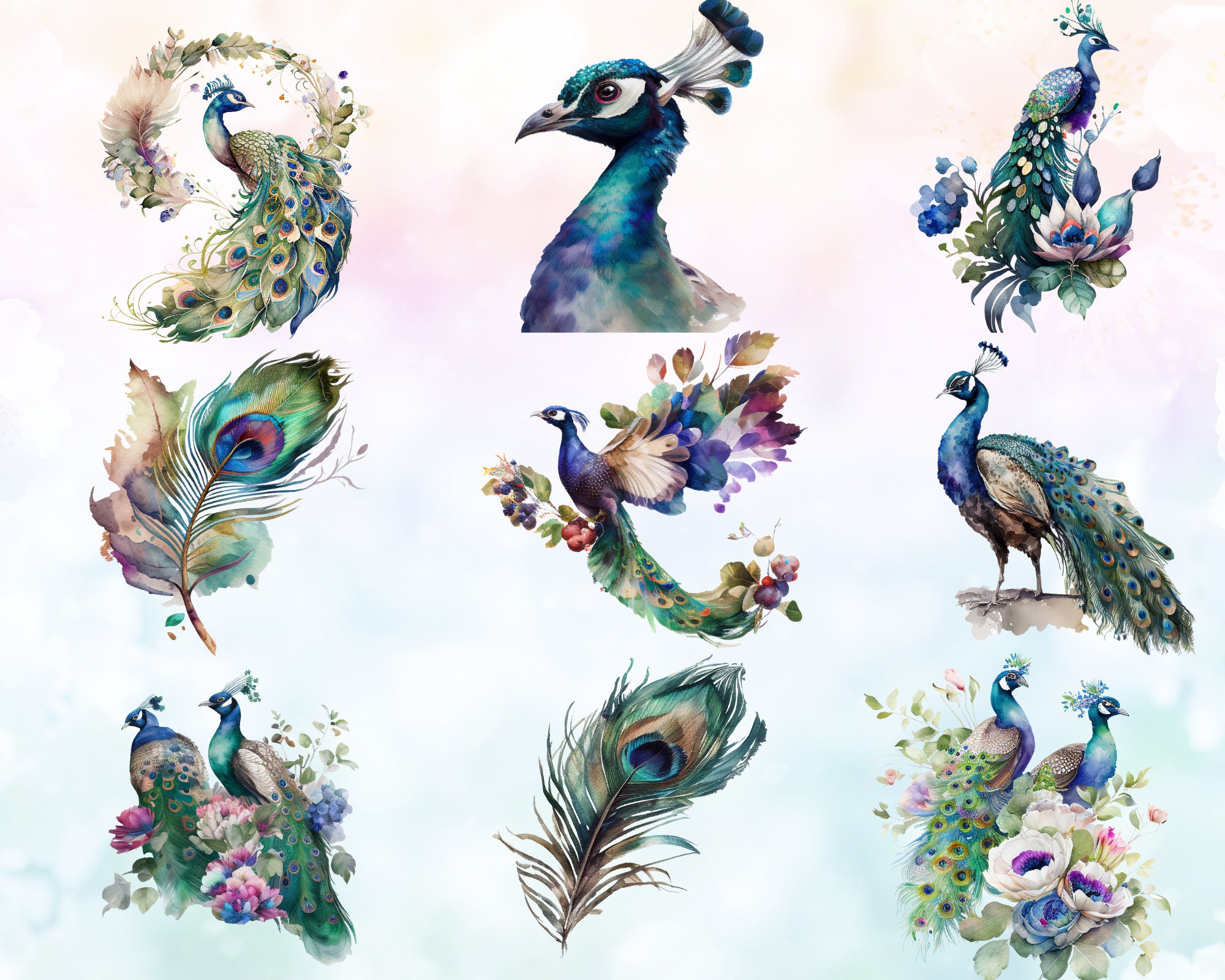 Watercolor Peacocks Clipart Bundle Watercolor Peacock - Etsy