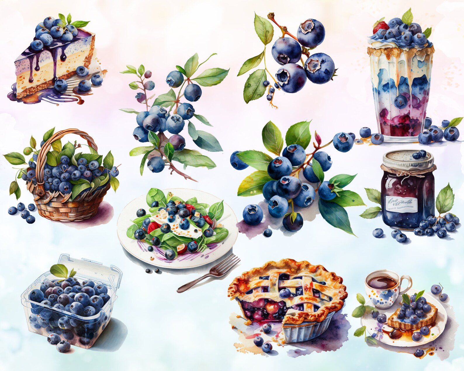 Watercolor Blueberry Clipart Bundle, Blueberry Watercolor Clipart ...