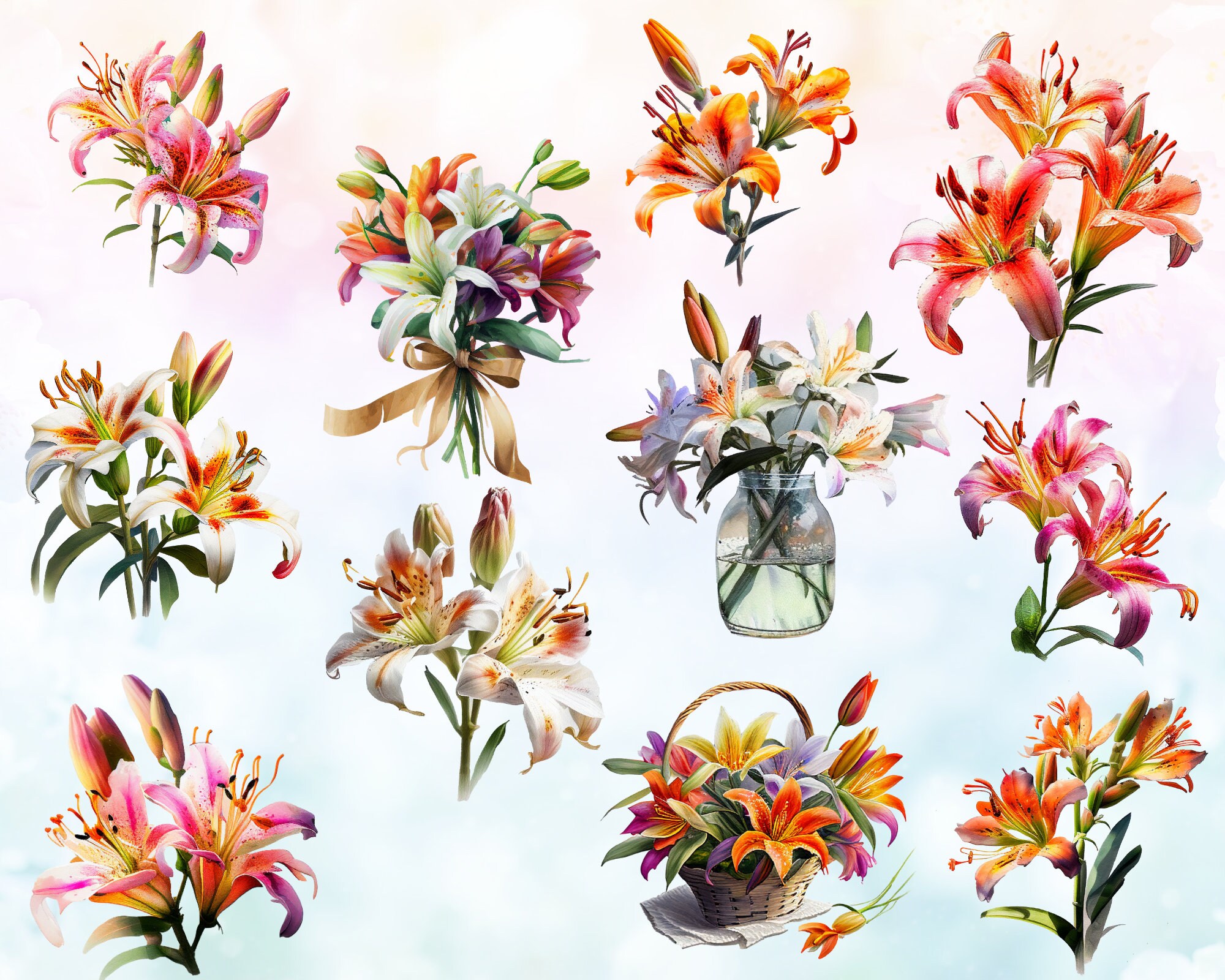 Watercolor Pink Tiger Lily Clipart Bundle, Orange Flower Lily PNG ...
