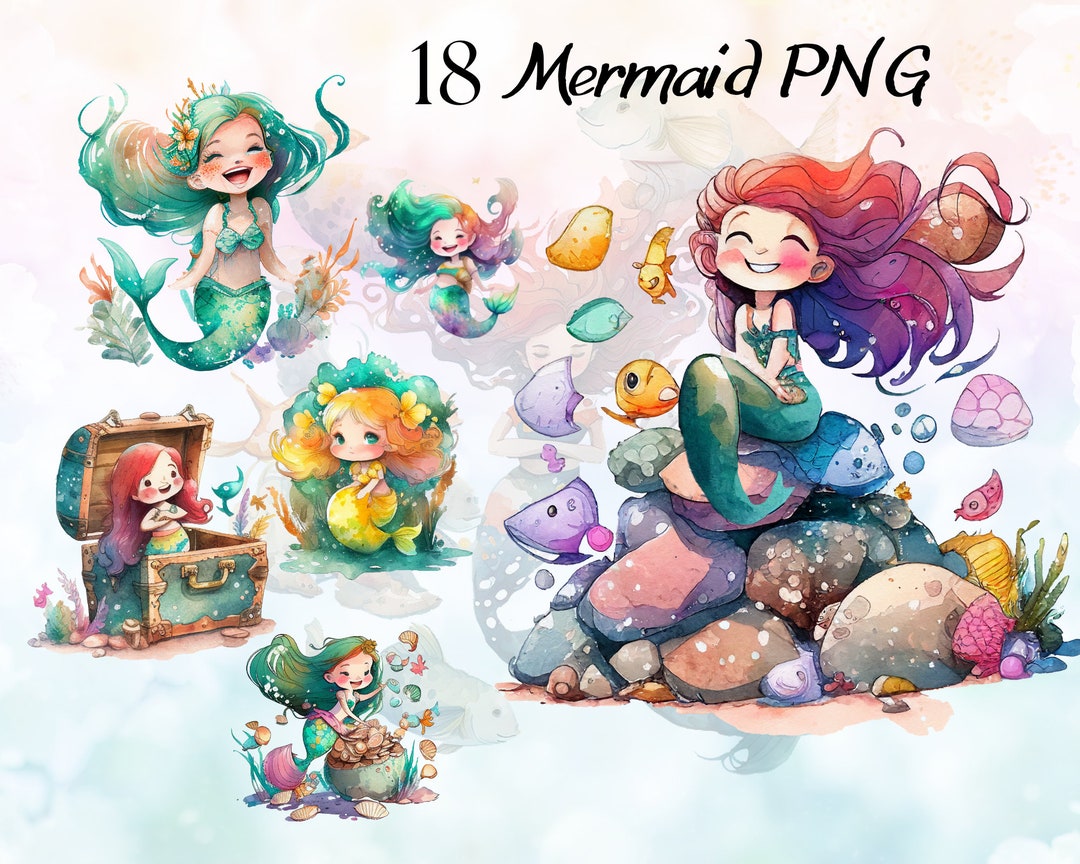 Watercolor Little Mermaid PNG, Mermaid Tail Clipart, Cute Mermaids ...