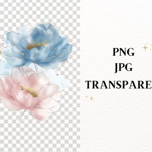 Watercolor Abstract Flowers Clipart Blue Pink Gold Flower PNG Peonies ...