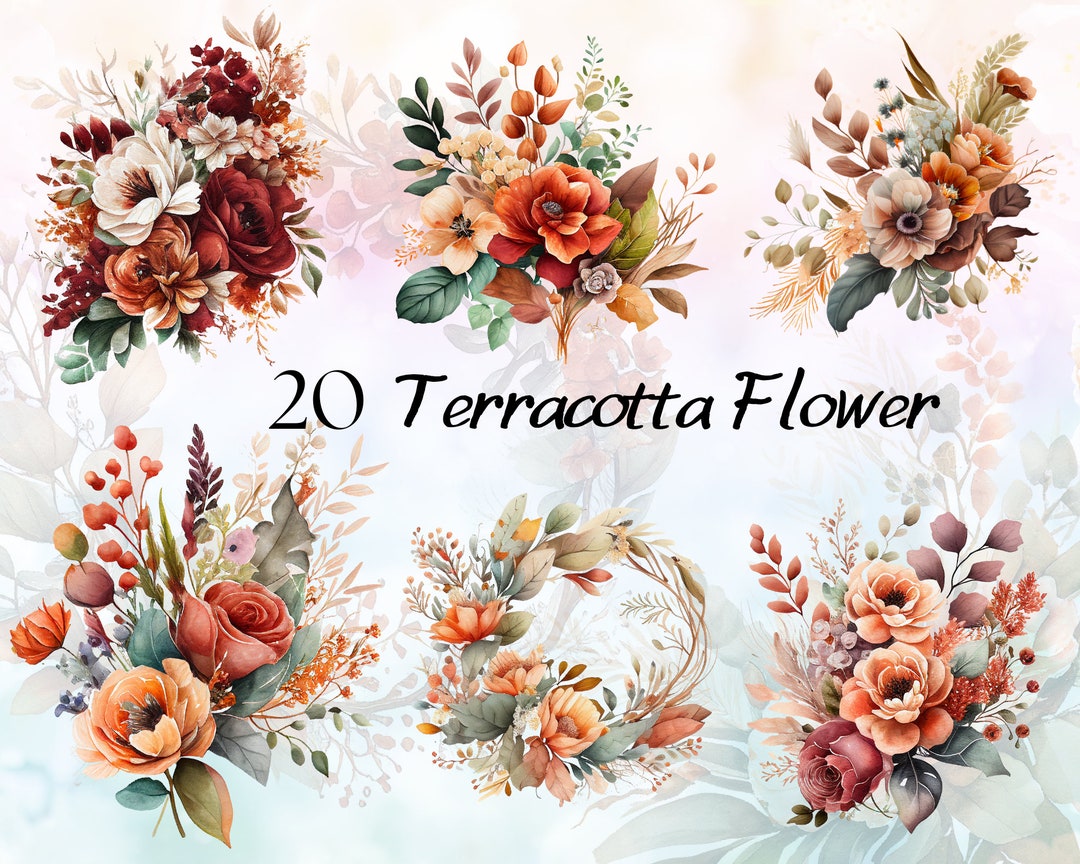 Watercolor Boho Terracotta Floral Pack, Flower Autumn Clipart, Boho ...