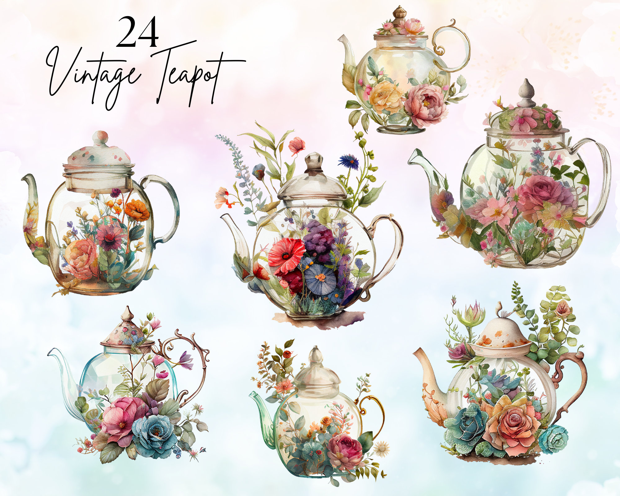 24 Watercolor Tea Time Clipart, Vintage Flowers Teapot Clipart, Tea ...