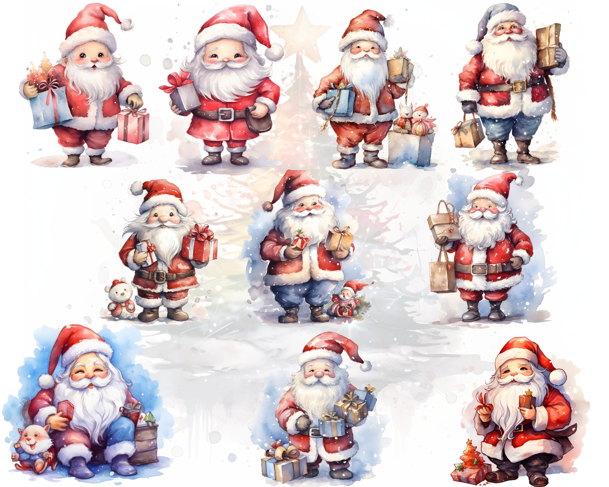 Watercolor Cute Santa Clipart, Christmas Clipart, Santa Claus Art ...