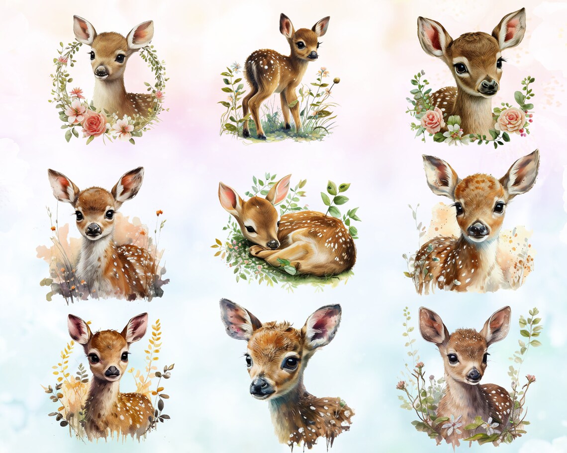 Watercolor Kawaii Fawn Clipart Bundle Commercial Use Cute - Etsy