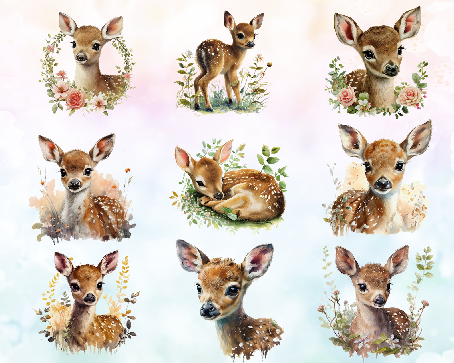Watercolor Kawaii Fawn Clipart Bundle Commercial Use Cute - Etsy