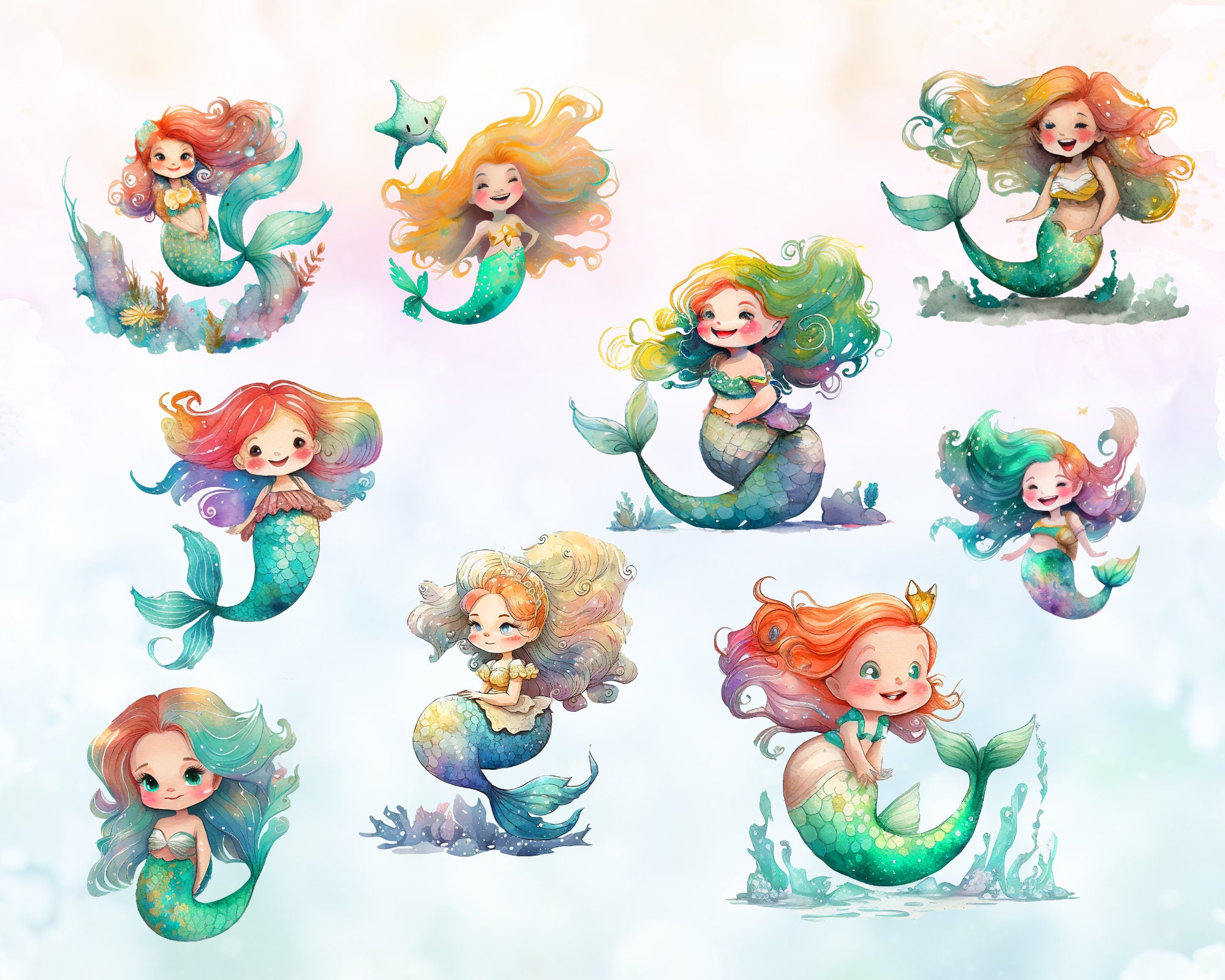 Watercolor Little Mermaid PNG Mermaid Tail Clipart Cute - Etsy Canada