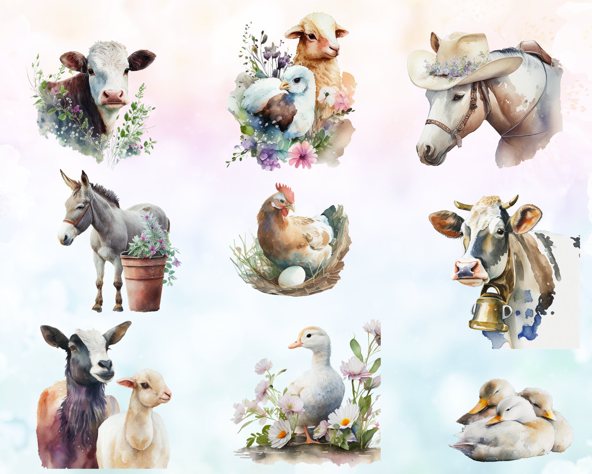 Watercolor Farm Animal Clipart Bundle, Flower Cows PNG, Baby Animals ...