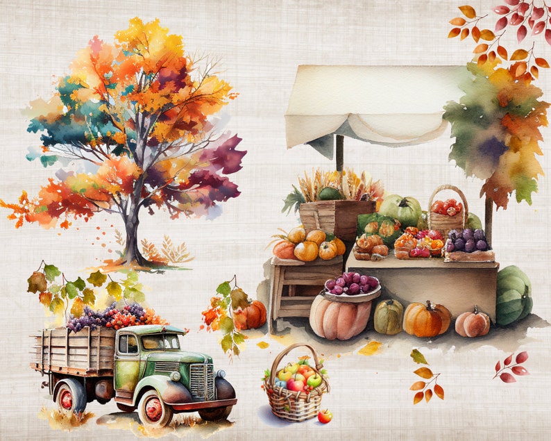 Watercolor Autumn Elements Clipart, Cozy Fall Clipart Set, Watercolor ...
