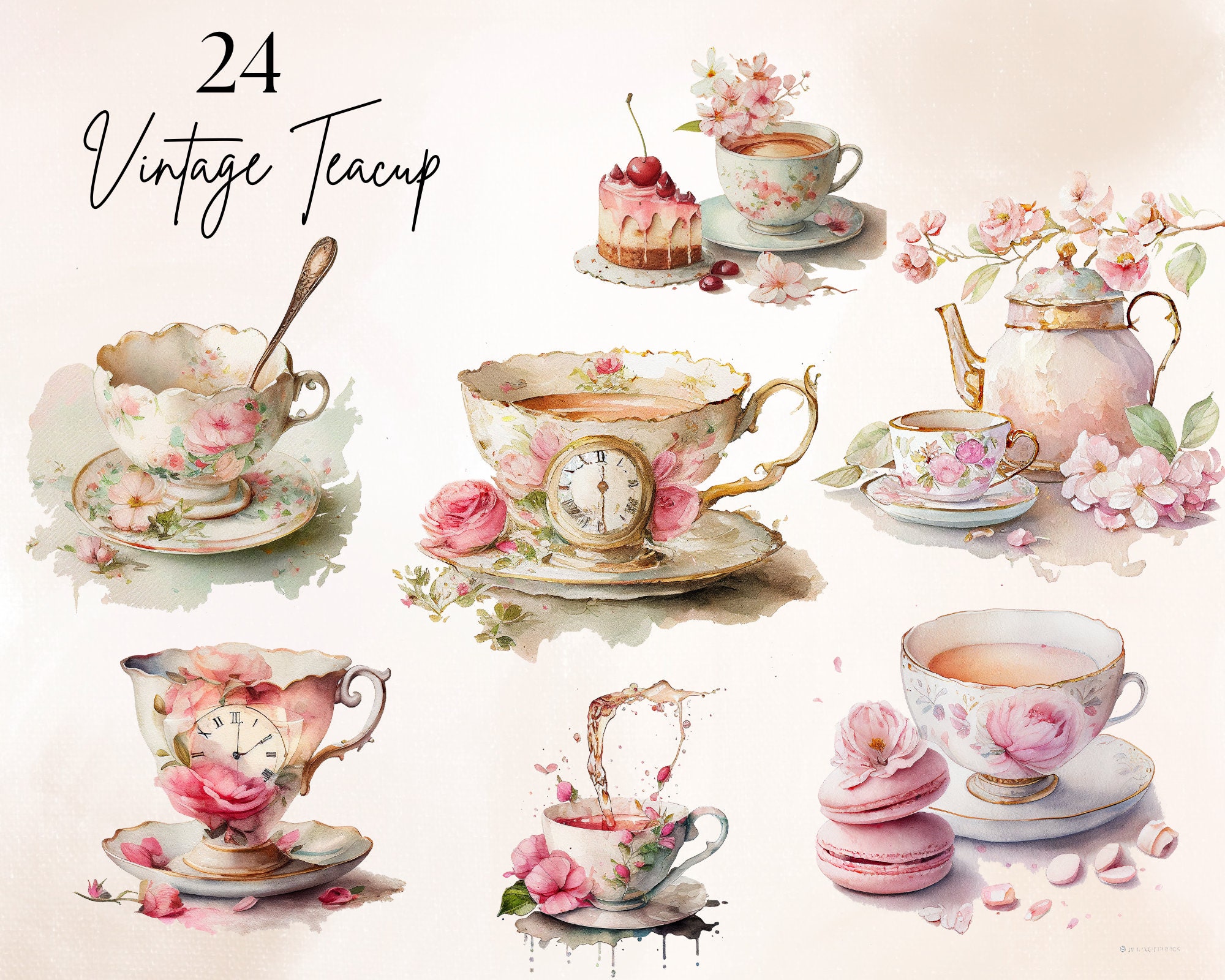24 Vintage Pink Teacup Clipart, Tea Time Art, Flower Teacup Png ...